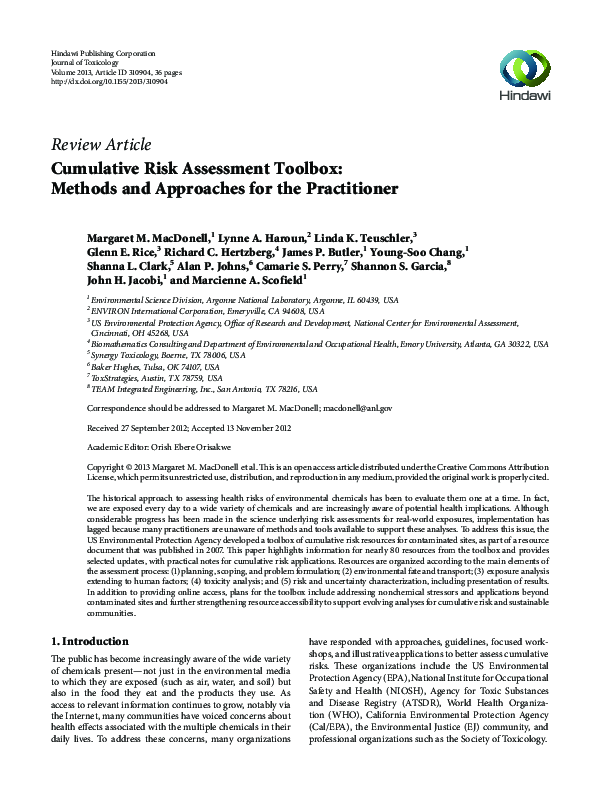 (PDF) Cumulative Risk Assessment Toolbox: Methods and Approaches for ...