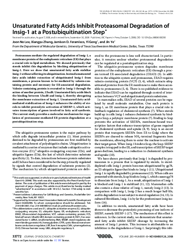 (PDF) Unsaturated Fatty Acids Inhibit Proteasomal Degradation of Insig-1 at a Postubiquitination ...