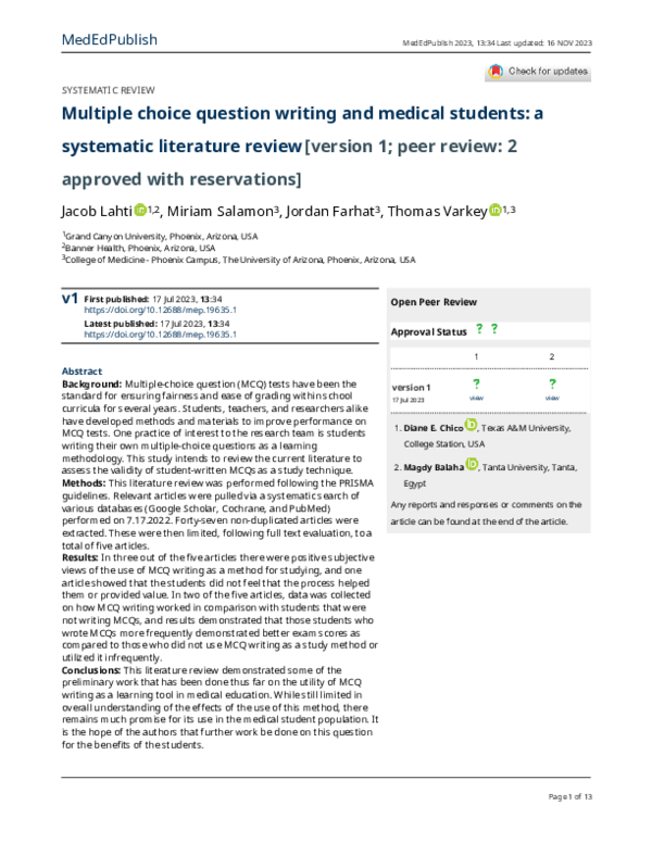 (PDF) Multiple choice question writing and medical students: a systematic literature review
