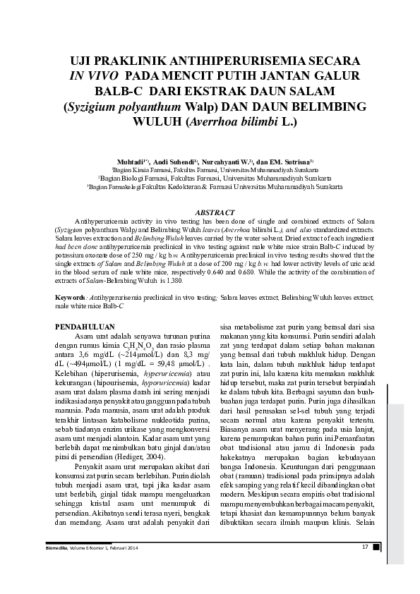 (PDF) UJI PRAKLINIK ANTIHIPERURISEMIA SECARA IN VIVO PADA MENCIT PUTIH ...