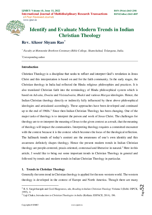 (PDF) Identify and Evaluate Modern Trends in Indian Christian Theology