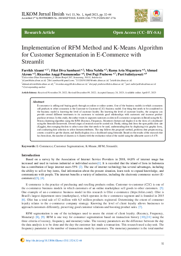 Pdf Implementation Of Rfm Method And K Means Algorithm For Customer Segmentation In E Commerce
