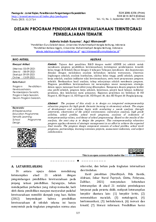 (PDF) Desain Program Pendidikan Kewirausahaan Terintegrasi Pembelajaran ...