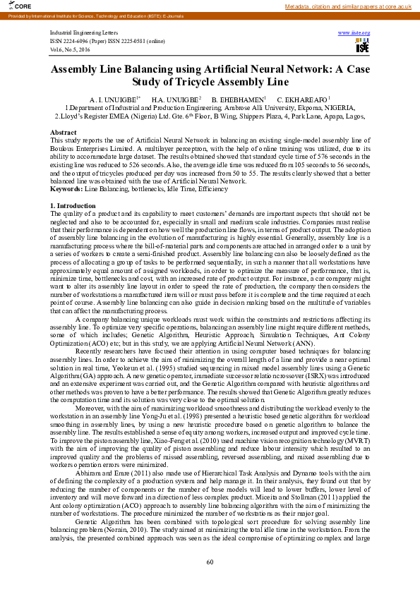 (PDF) Assembly Line Balancing using Artificial Neural Network: A Case Study of Tricycle Assembly ...