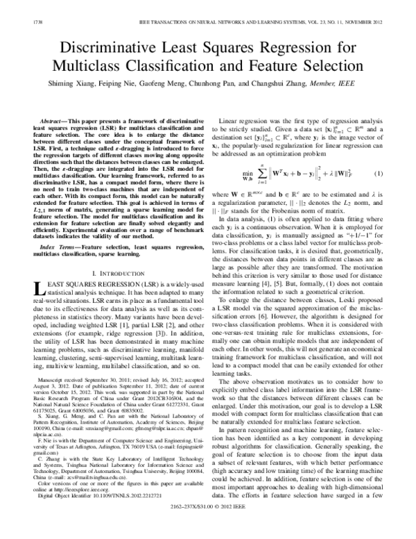 Pdf Discriminative Least Squares Regression For Multiclass Classification Based On Within