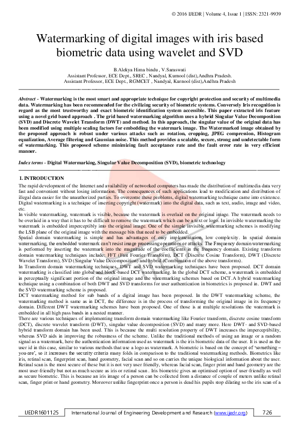 (PDF) Watermarking of digital images with iris based biometric data using wavelet and SVD