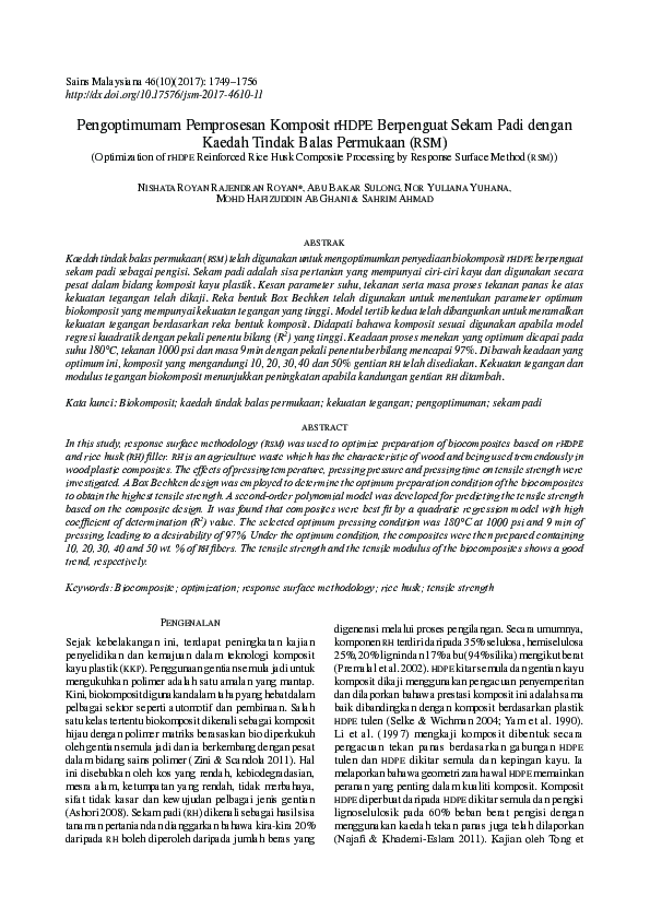 (PDF) Pengoptimumam Pemprosesan Komposit rHDPE Berpenguat Sekam Padi dengan Kaedah Tindak Balas ...