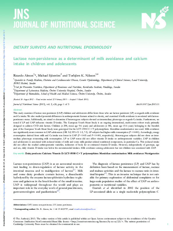 (PDF) Lactase non-persistence as a determinant of milk avoidance and ...
