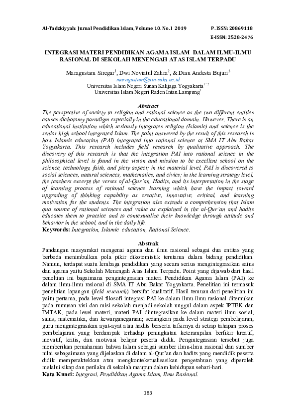 (PDF) Integrasi Materi Pendidikan Agama Islam Dalam Ilmu-Ilmu Rasional DI Sekolah Menengah Atas ...