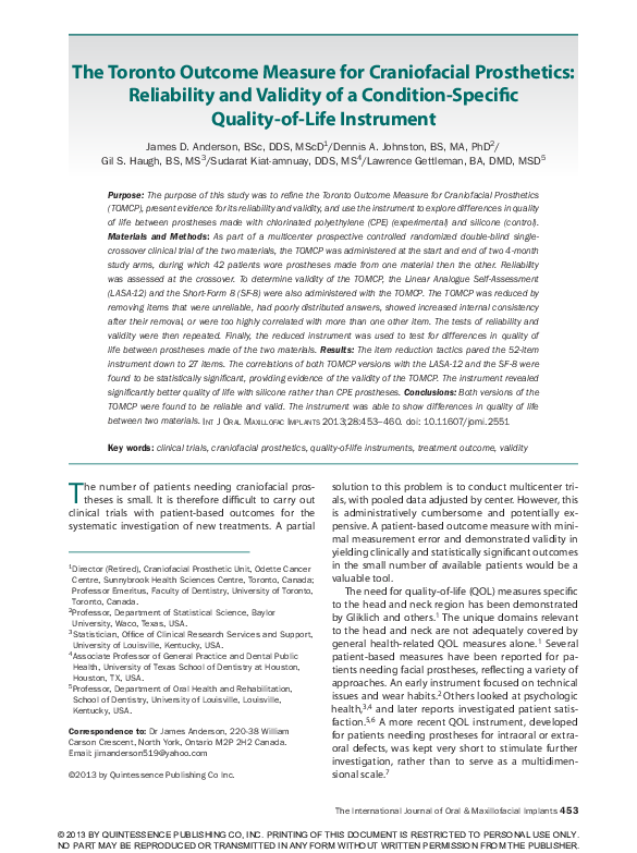 (PDF) The Toronto Outcome Measure for Craniofacial Prosthetics ...