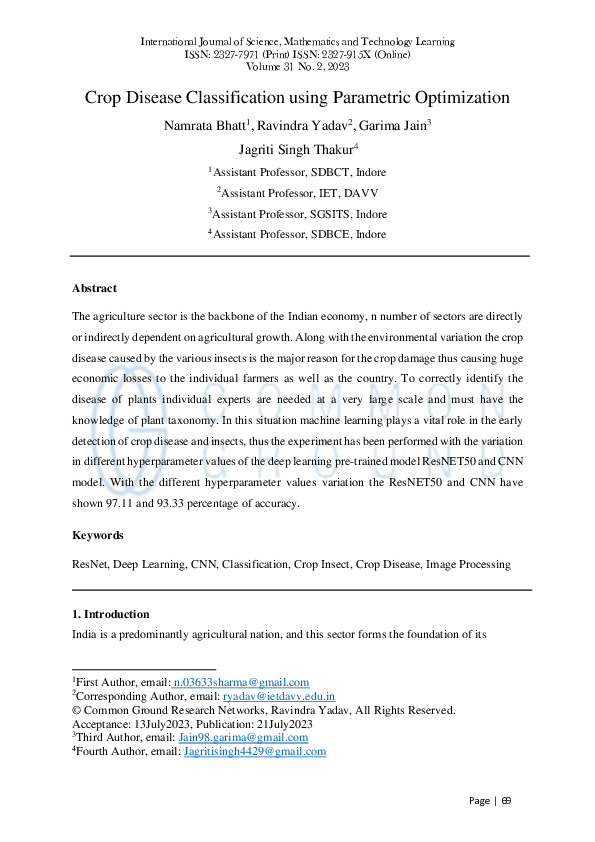(PDF) Crop Disease Classification using Parametric Optimization