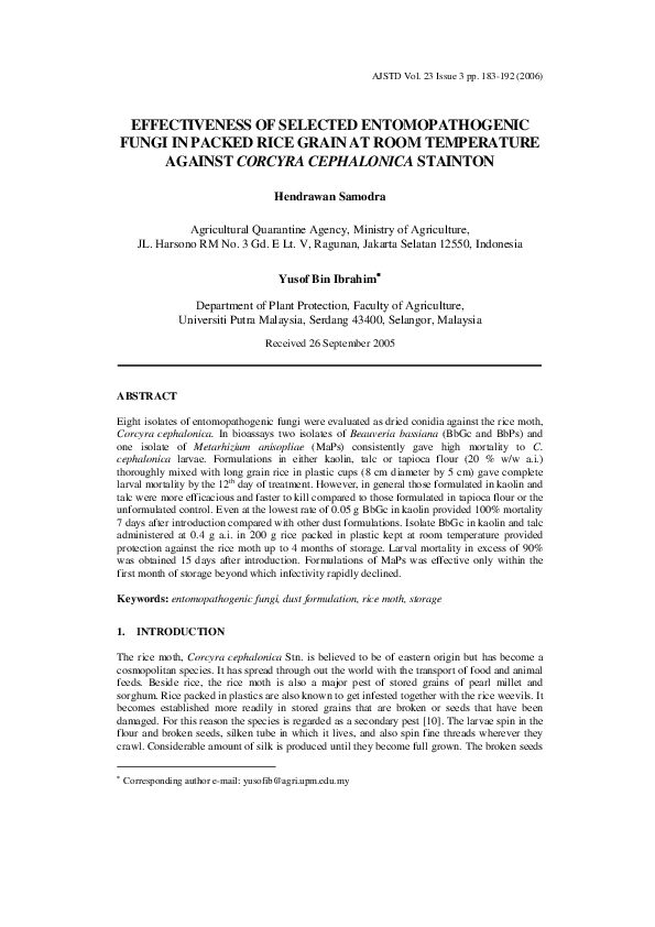 (PDF) Effectiveness of Selected Entomopathogenic Fungi in Packed Rice Grain at Room Temperature ...