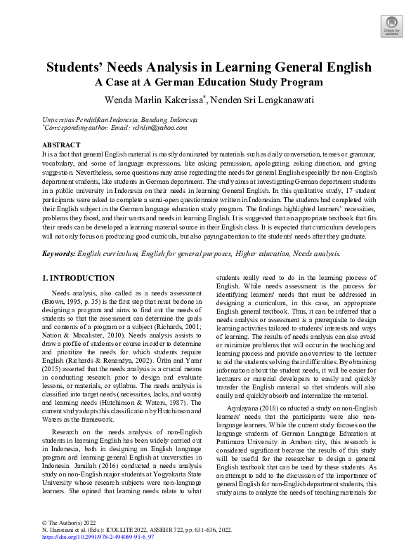 (PDF) Students’ Needs Analysis in Learning General English