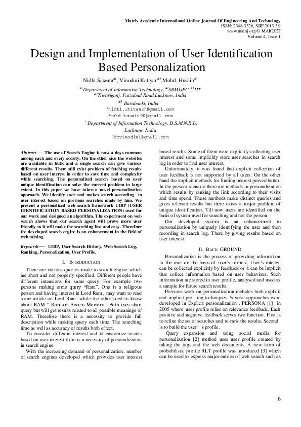 (PDF) Design and Implementation of User Identification Based Personalization