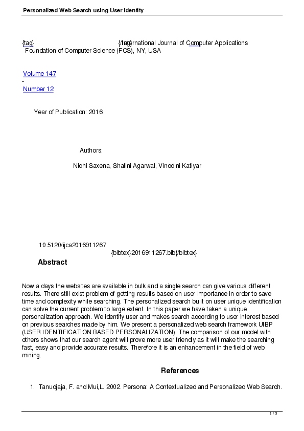 (PDF) Personalized Web Search using User Identity