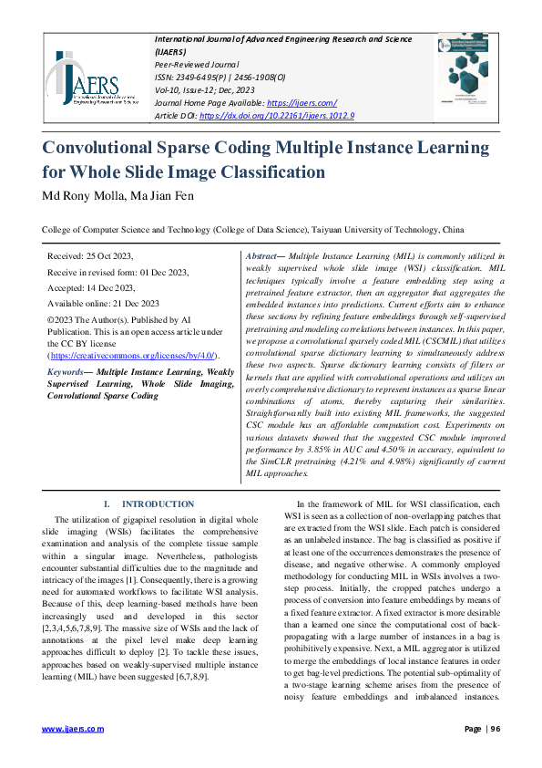 Pdf Convolutional Sparse Coding Multiple Instance Learning For Whole