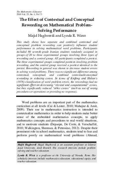 (PDF) The Effect of Contextual and Conceptual Rewording on Mathematical Problem-Solving Performance