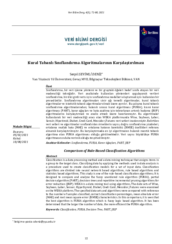 (PDF) Kural Tabanlı Sınıflandırma Algoritmalarının Karşılaştırılması