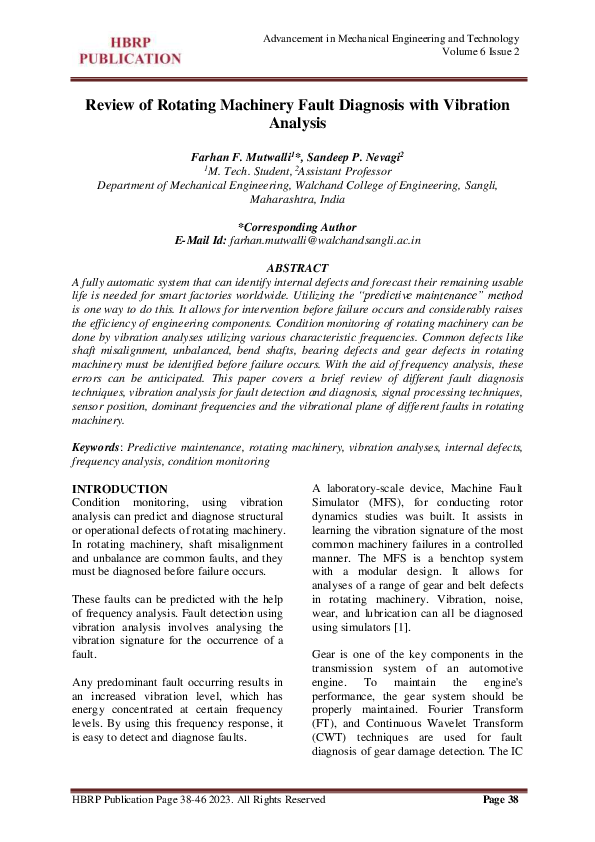 (PDF) Review of Rotating Machinery Fault Diagnosis with Vibration Analysis