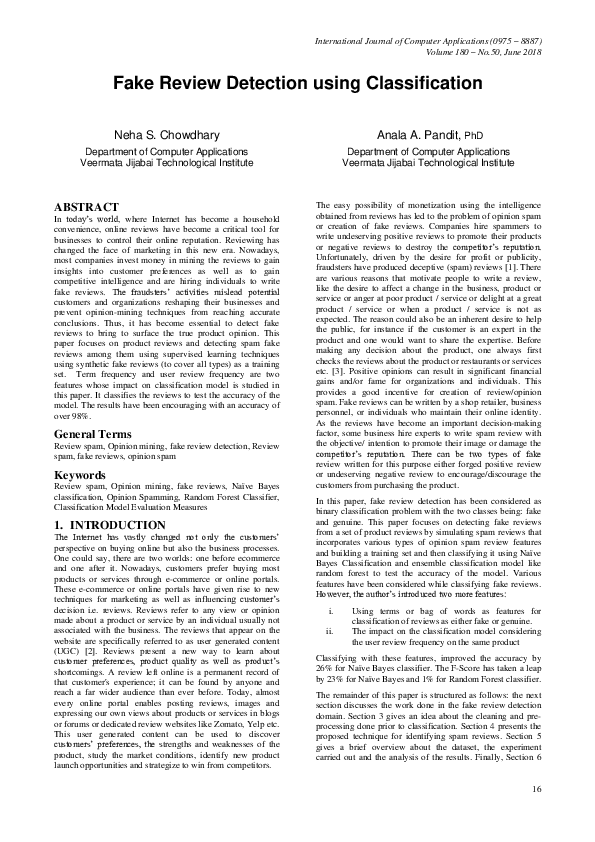 (PDF) Fake Review Detection using Classification