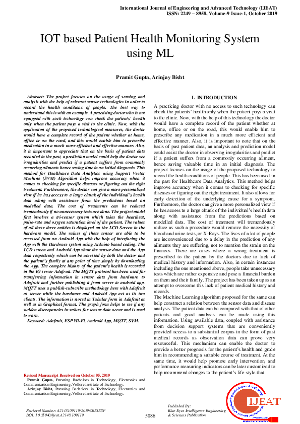 (PDF) IOT based Patient Health Monitoring System using ML