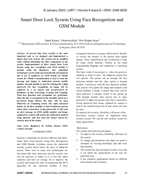 (PDF) Smart Door Lock System Using Face Recognition and GSM Module