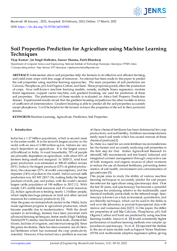 (PDF) Soil Properties Prediction for Agriculture using Machine Learning Techniques