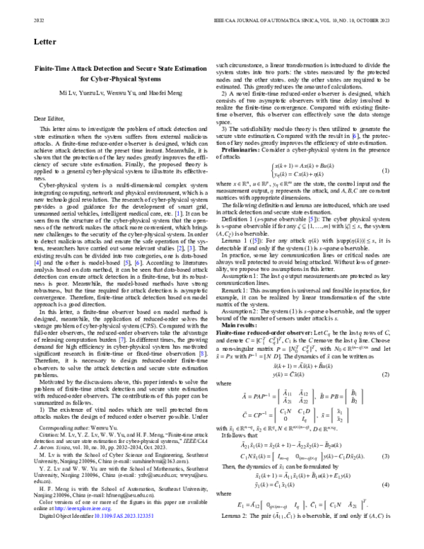 Pdf Finite Time Attack Detection And Secure State Estimation For