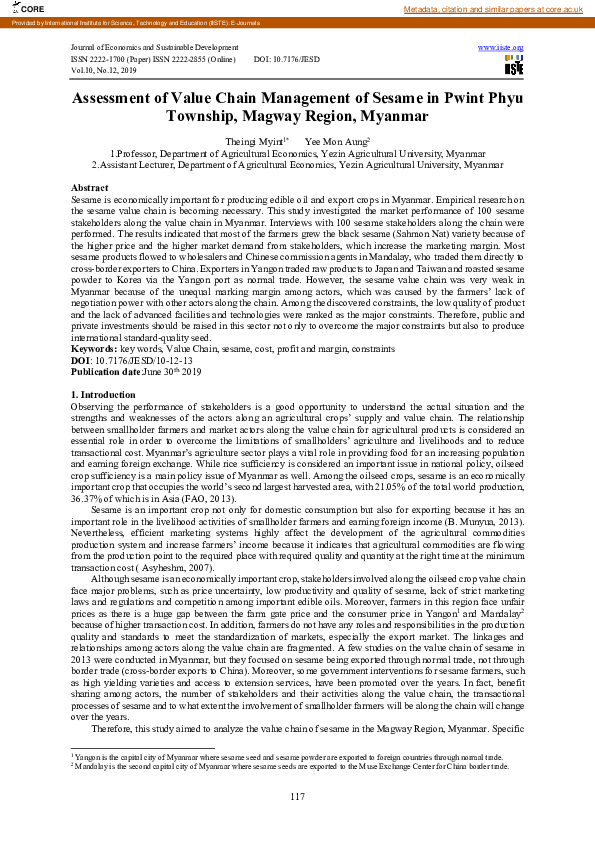 (PDF) Assessment of Value Chain Management of Sesame in Pwint Phyu ...