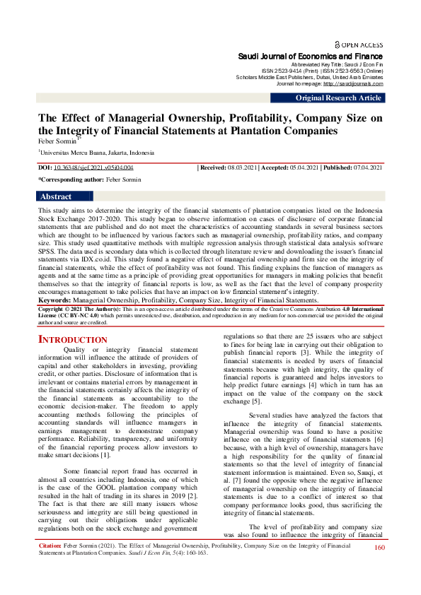 (PDF) The Effect of Managerial Ownership, Profitability, Company Size on the Integrity of ...