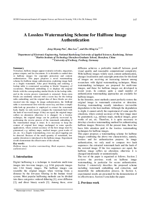 (PDF) A Lossless Watermarking Scheme for Halftone Image Authentication | Jeng-shyang Pan ...