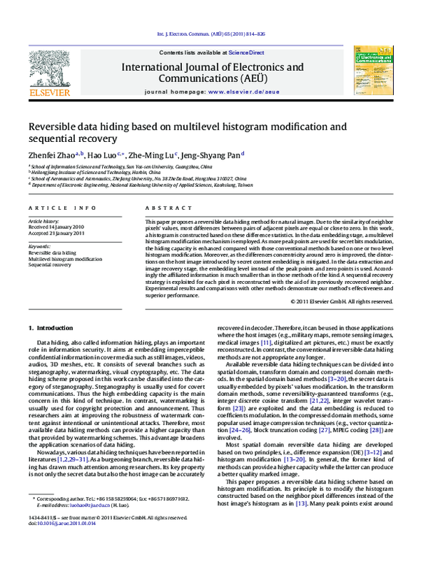 Pdf Reversible Data Hiding Based On Multilevel Histogram Modification And Sequential Recovery