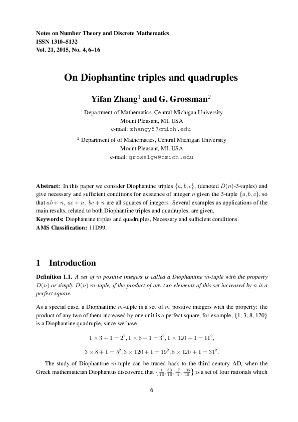 (PDF) On Diophantine triples and quadruples