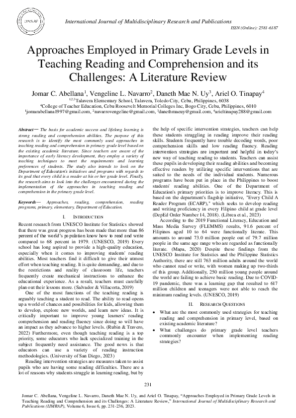 (PDF) Approaches Employed in Primary Grade Levels in Teaching Reading ...