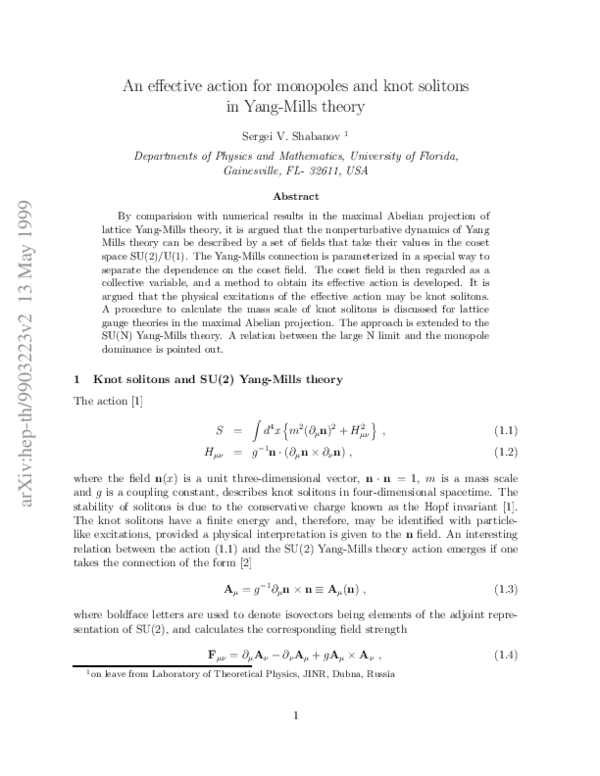 (PDF) An effective action for monopoles and knot solitons in Yang–Mills theory
