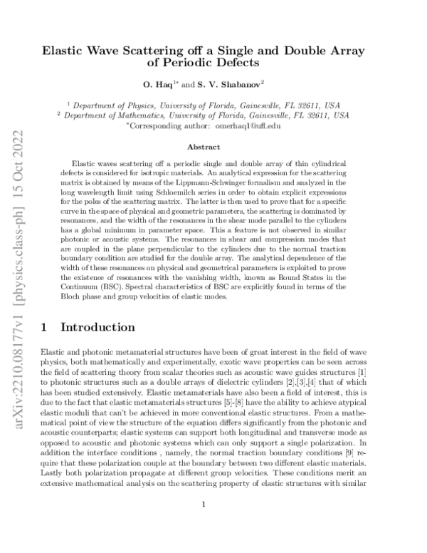 (PDF) Elastic Wave Scattering off a Single and Double Array of Periodic Defects