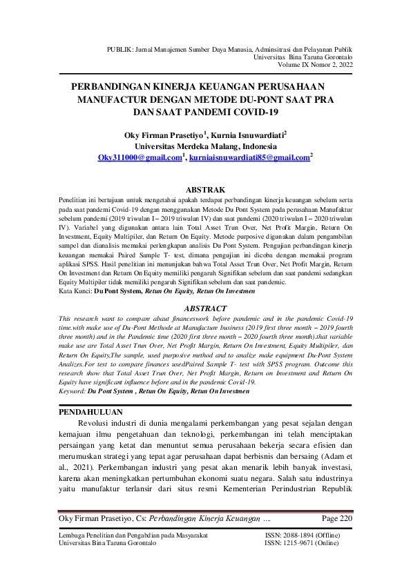 (PDF) Perbandingan Kinerja Keuangan Perusahaan Manufactur Dengan Metode Du-Pont Saat Pra Dan ...