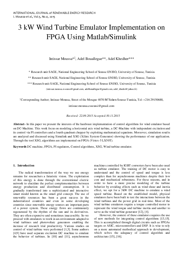 (PDF) 3 kW Wind Turbine Emulator Implementation on FPGA Using Matlab/Simulink