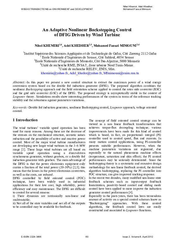 (PDF) An Adaptive Nonlinear Backstepping Control of DFIG Driven by Wind Turbine