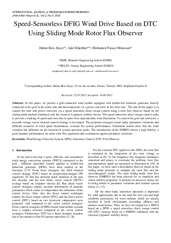Pdf Speed Sensorless Dfig Wind Drive Based On Dtc Using Sliding Mode