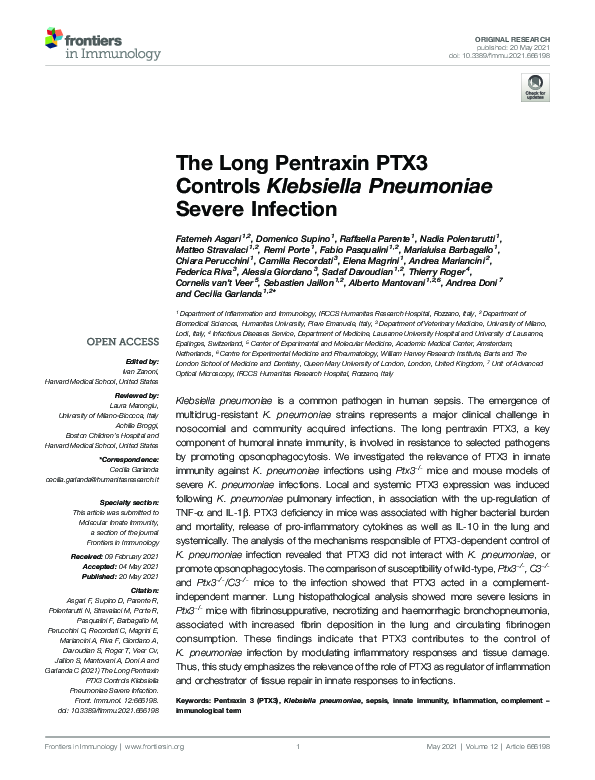 (PDF) The Long Pentraxin PTX3 Controls Klebsiella Pneumoniae Severe Infection