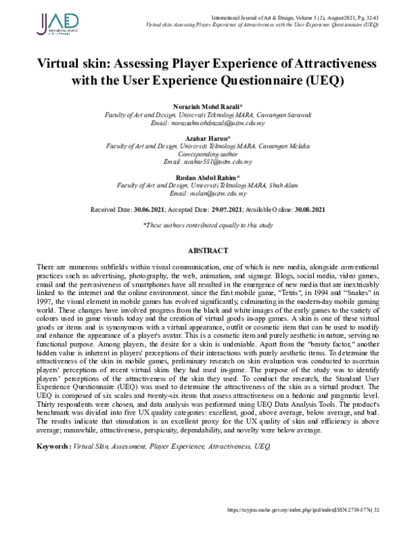 (PDF) Virtual skin: Assessing Player Experience of Attractiveness with ...