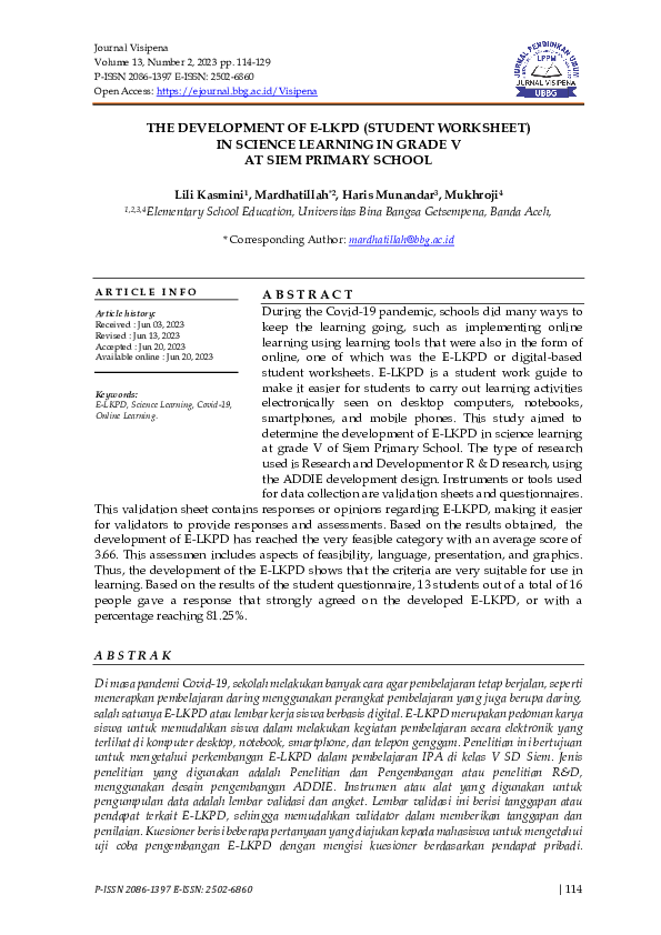 (PDF) The Development of E-LKPD (Student Worksheet) in Science Learning in Grade V at Siem ...