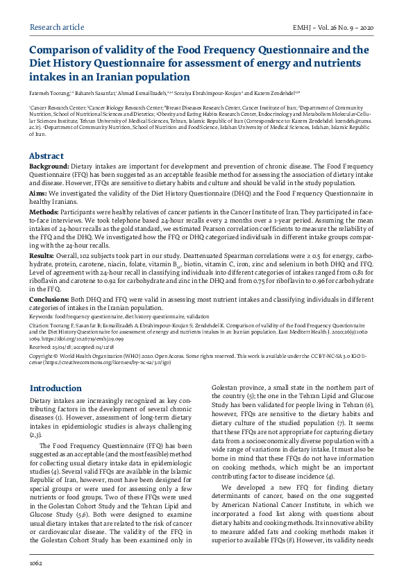 (PDF) Comparison of validity of the Food Frequency Questionnaire and ...