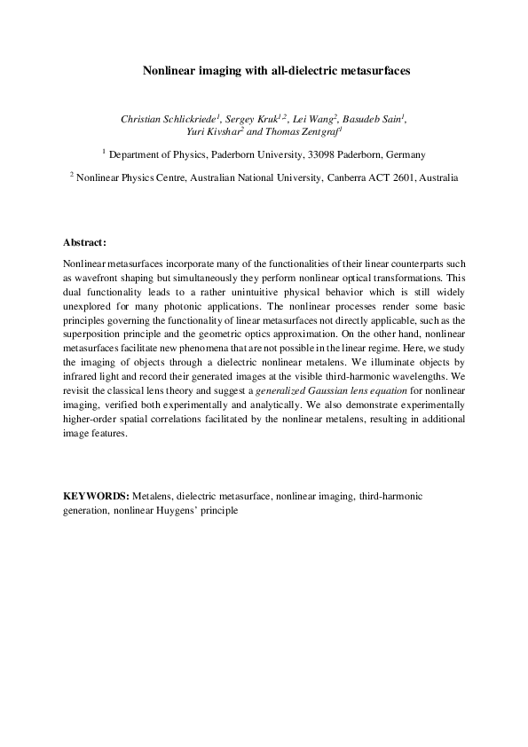 (PDF) Nonlinear Imaging with All-Dielectric Metasurfaces