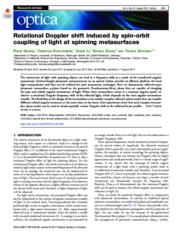 (PDF) Rotational Doppler shift induced by spin-orbit coupling of light at spinning metasurfaces