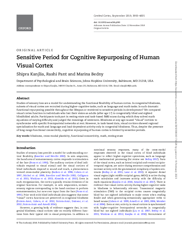 Sensitive Period for Cognitive Repurposing of Human Visual Cortex