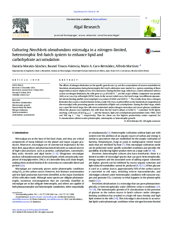 (PDF) Culturing Neochloris oleoabundans microalga in a nitrogen-limited ...