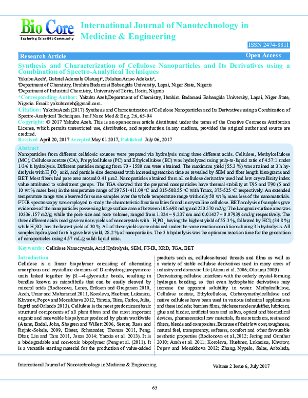 (PDF) Synthesis and Characterization of Cellulose Nanoparticles and Its Derivatives using a ...