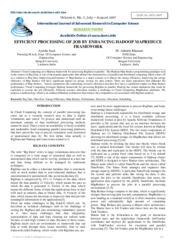 Pdf Efficient Processing Of Job By Enhancing Hadoop Mapreduce Framework
